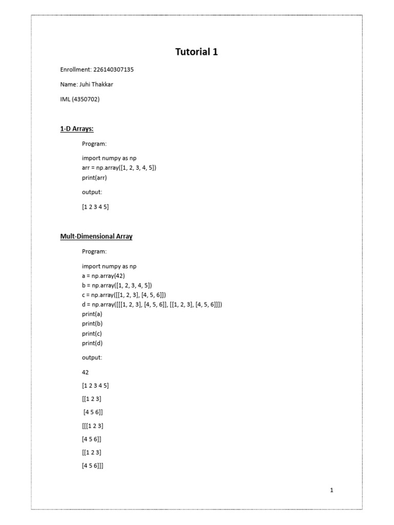 Tutorial 1: 1-D Arrays | PDF