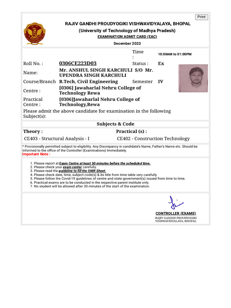 Admit Card 4th Sem | PDF
