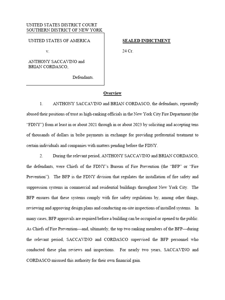Former FDNY Chiefs Saccavino and Cordasco Indictment | PDF