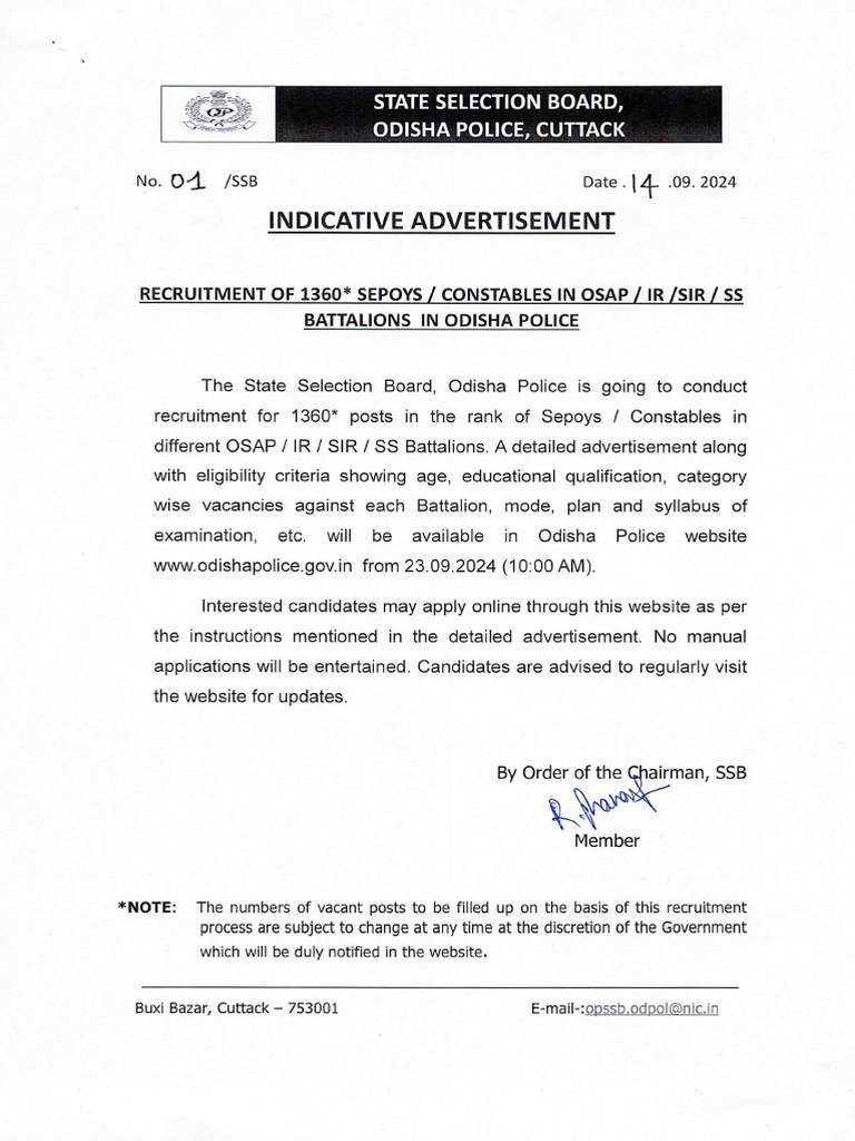 Recruitment of 1360 Sepoys Constables in OSAP IR SIR SS Battalions in ...