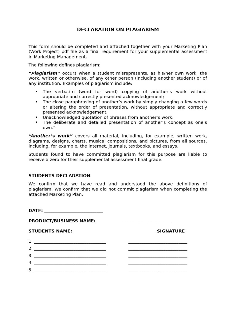 Declaration On Plagiarism | PDF