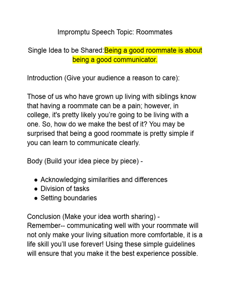 Impromptu Speech Topic Sample Outline - Roommates | PDF | Career ...