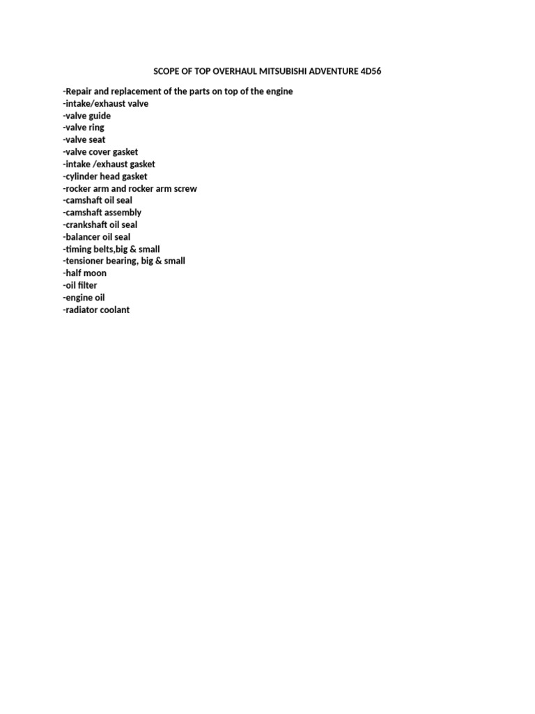Scope of Top Overhaul Mitsubishi Adventure 4d56 | PDF