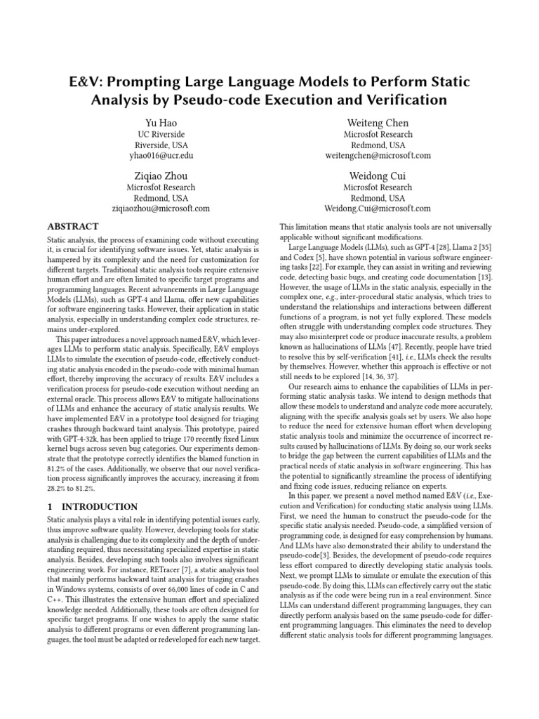 E&V: Prompting Large Language Models To Perform Static Analysis by Pseudo-Code Execution and ...