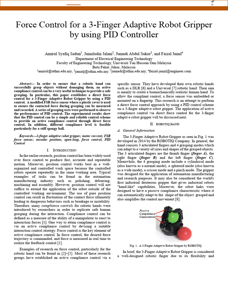 Force Control For A 3-Finger Adaptive Robot Gripper | PDF