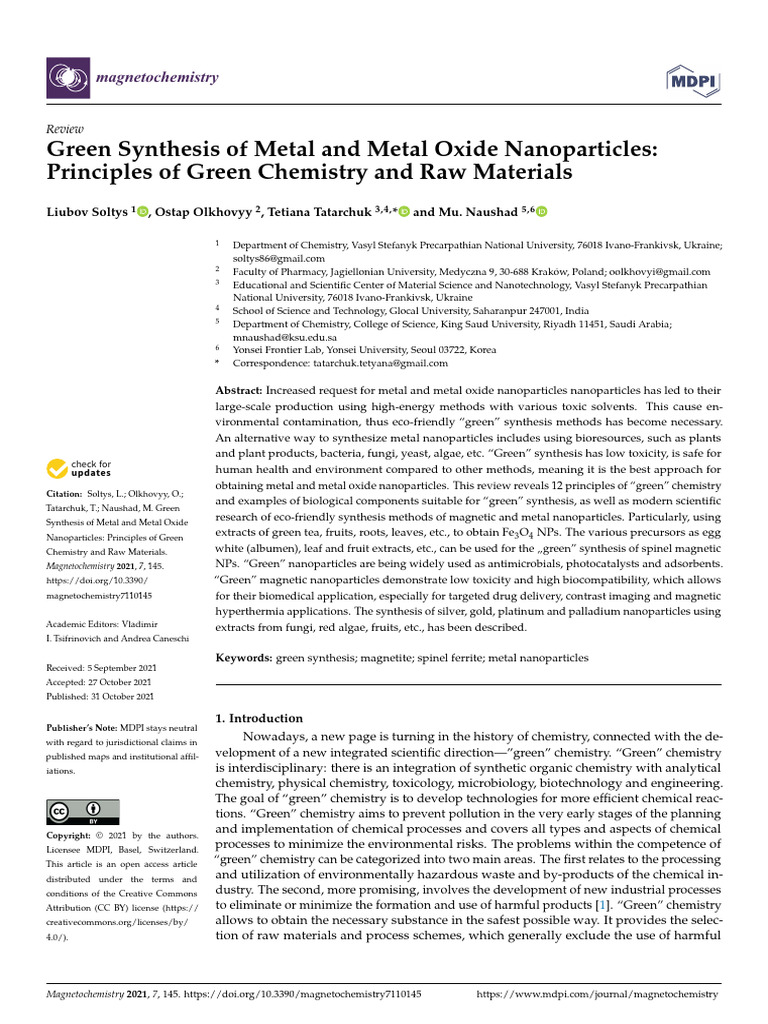 Green Synthesis of Metal and Metal Oxide Nanoparticles - Principles of Green Chemistry and Raw ...
