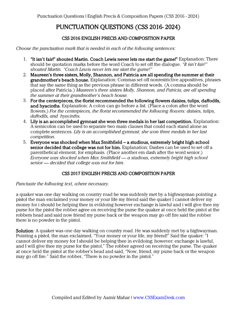 Punctuation Questions (CSS 2016 - 2024) | PDF | Comma | Poetry