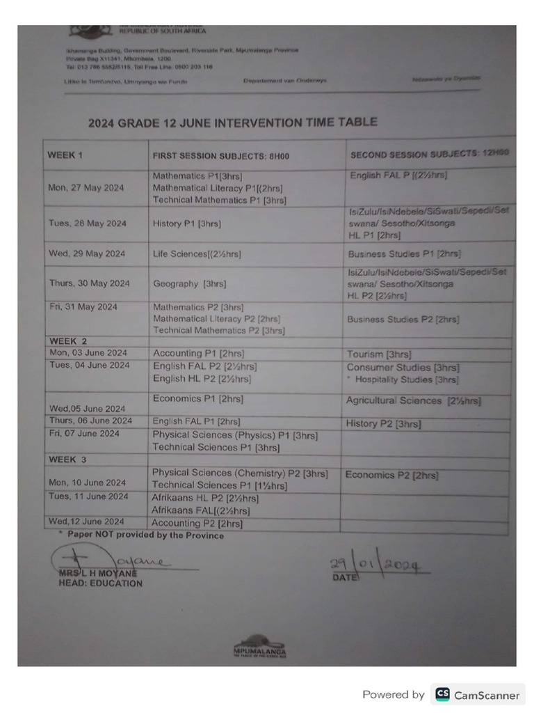 Mid Year and Preparatory Exam Timetable | PDF