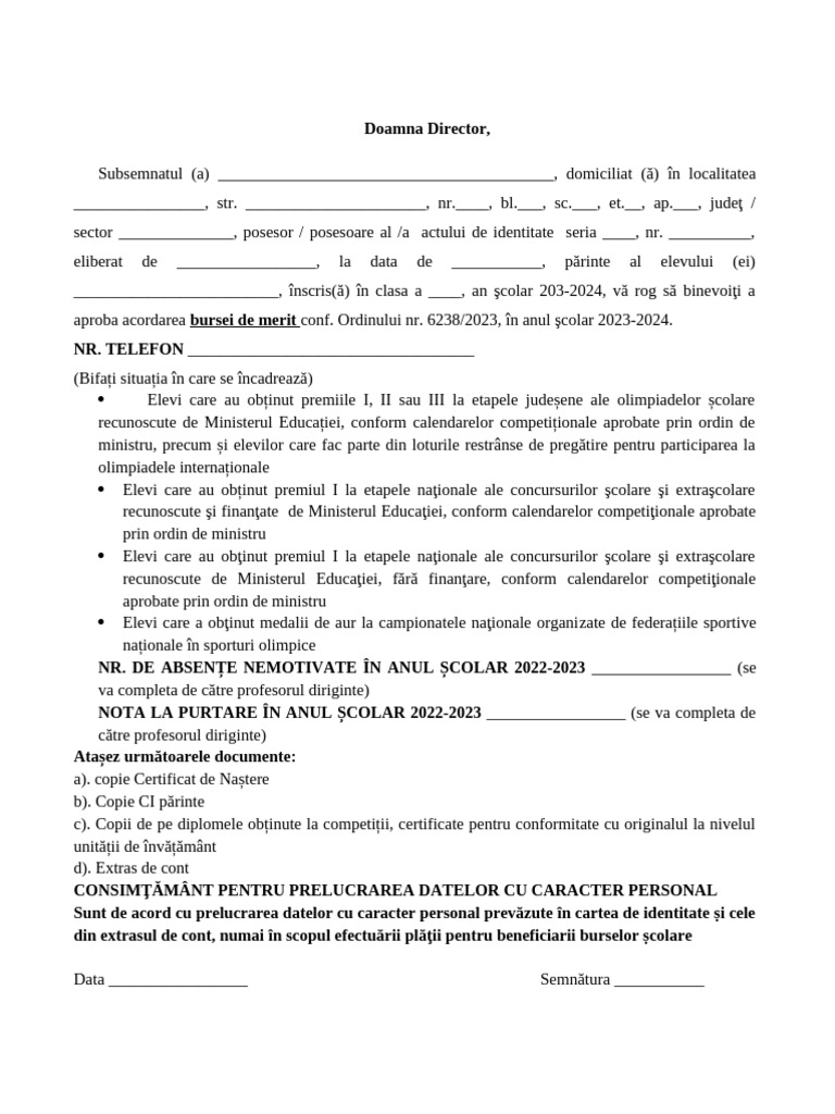 Model Cerere Bursa de Merit | PDF