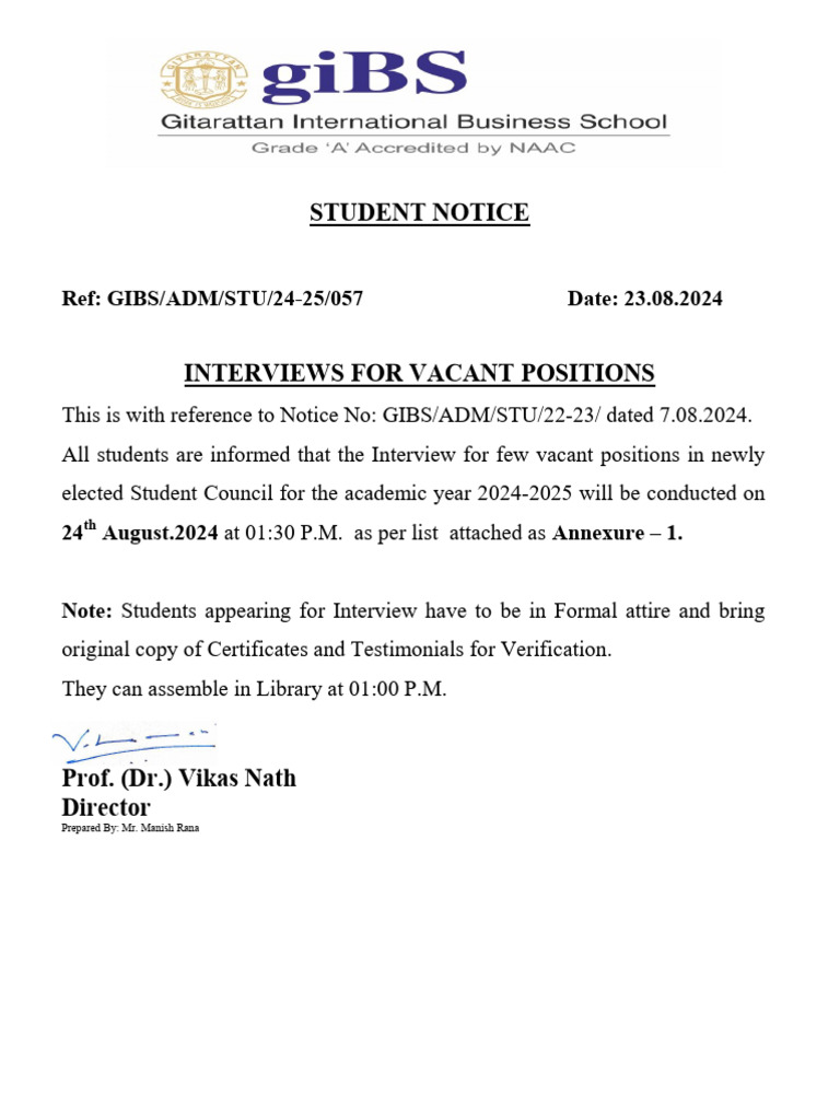 057-Student Notice INTERVIEWS FOR VACANT POSITIONS | PDF