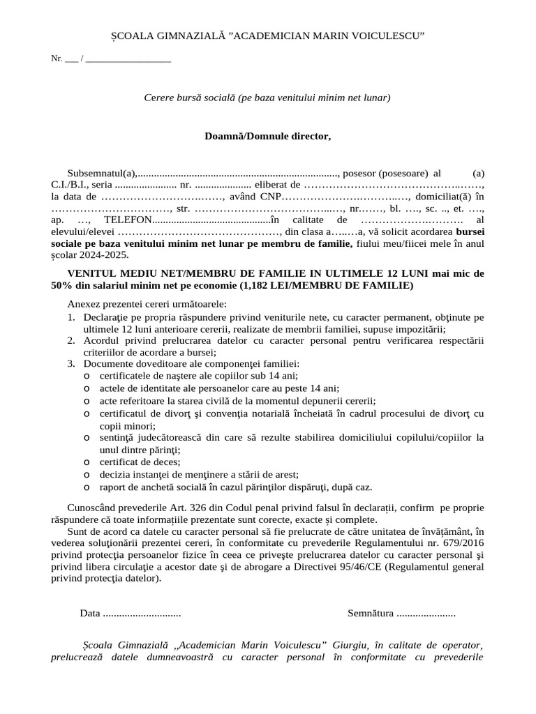 Cerere Bursa Sociala Pe Baza Venituri Mici | PDF