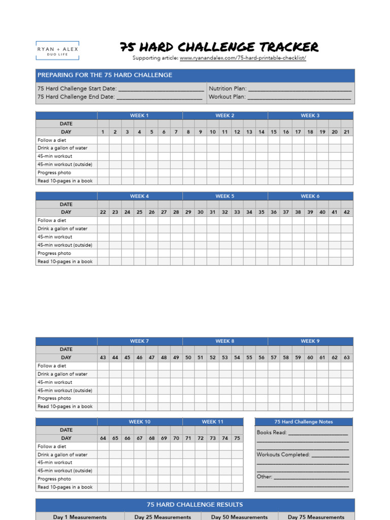 75 Hard Printable Checklist_Ryan and Alex Duo Li | PDF