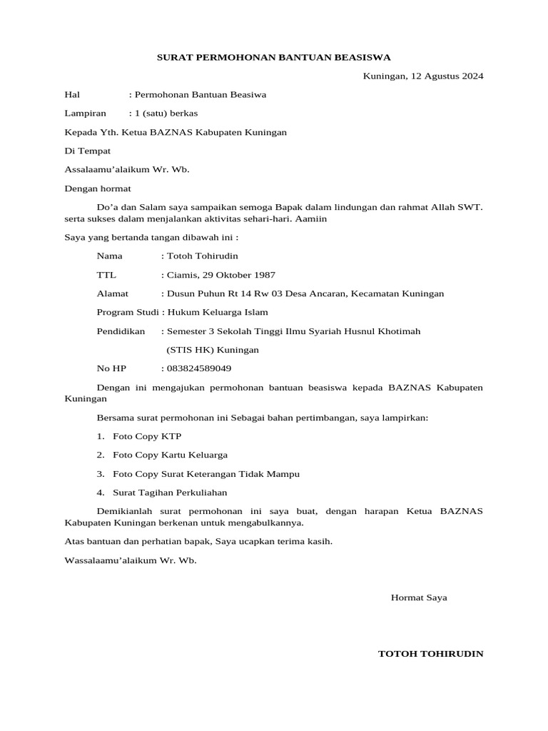 Contoh Surat Permohonan Beasiswa | PDF