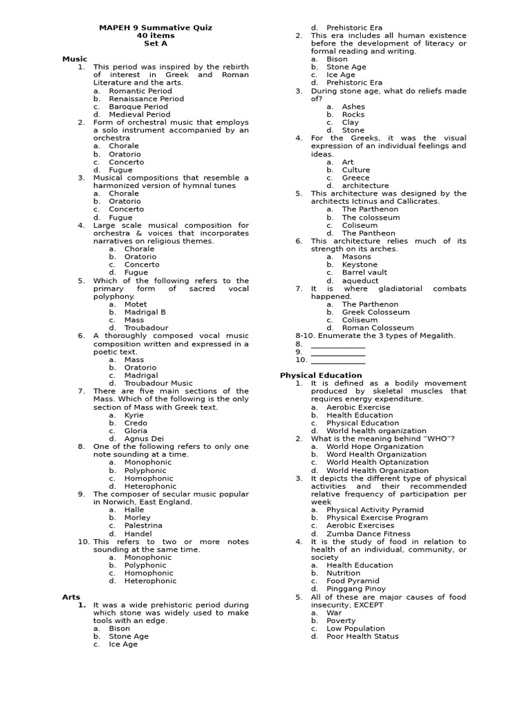 MAPEH 9 Summative Quiz | PDF