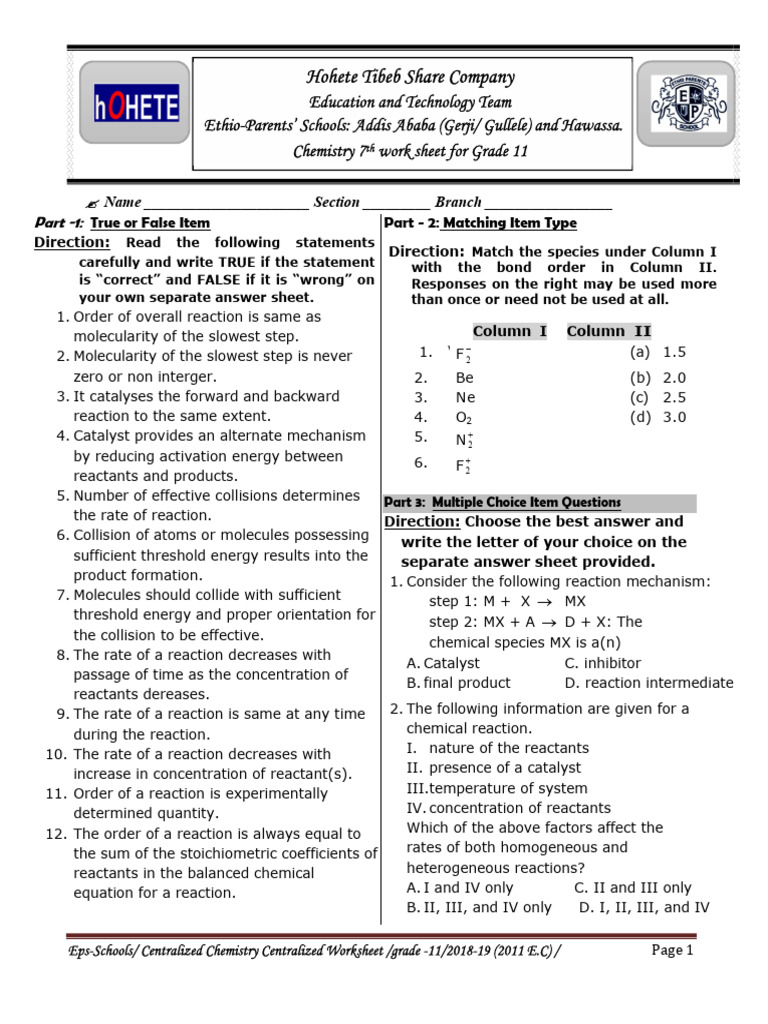 Grade 11 Chemistry worksheet | PDF
