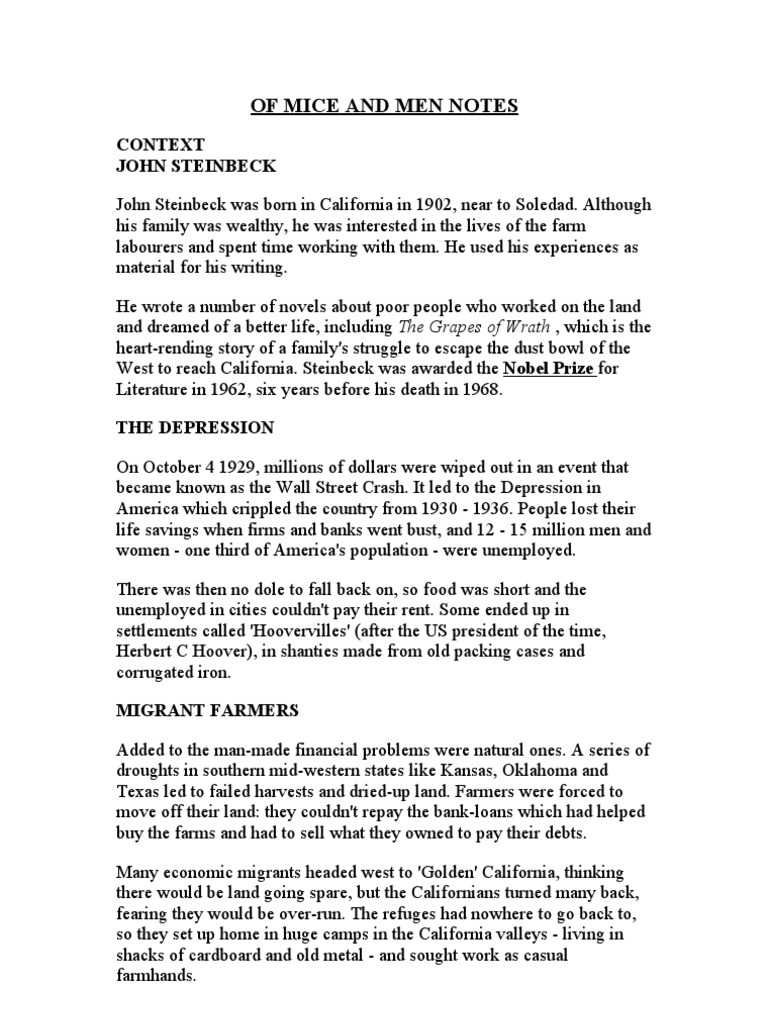 Of Mice and Men Notes[1] | John Steinbeck | Fiction & Literature | Free ...