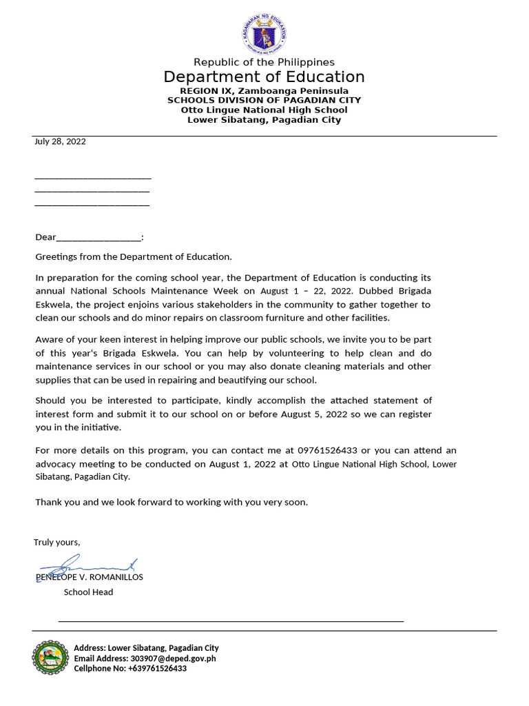 Brigada Eskwela Solicitation Letter | PDF