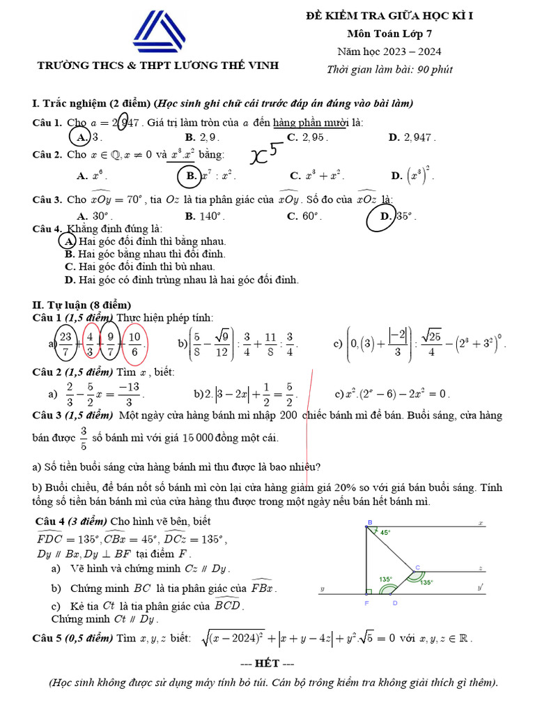 De Giua Hoc Ki 1 Toan 7 Nam 2023 2024 Truong Luong The Vinh Ha Noi | PDF