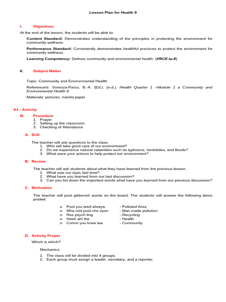 Lesson Plan For Health 9 Q1 | PDF