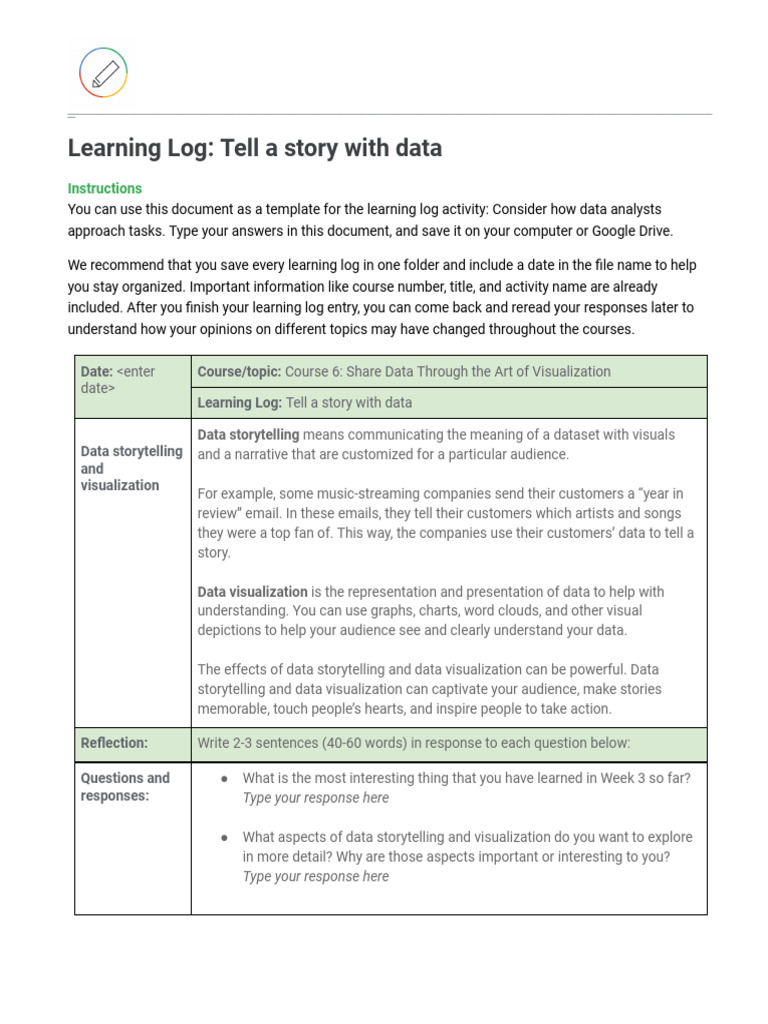 Learning Log Template - Tell A Story With Data | PDF