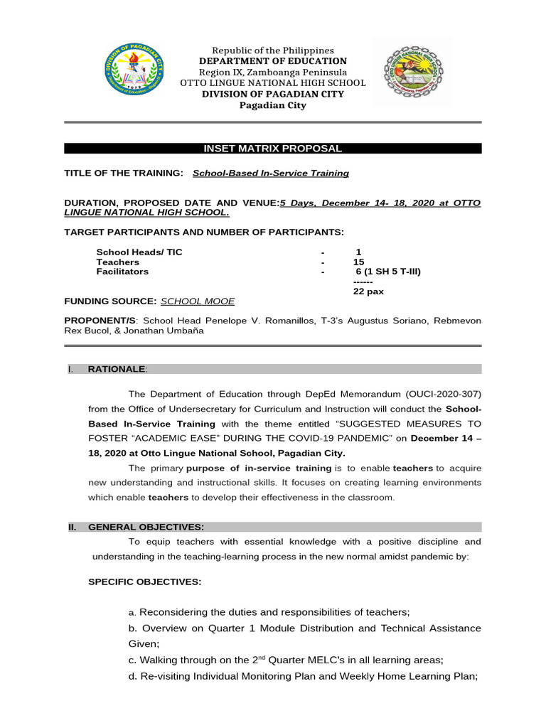 OLNHS-INSET-TRAINING-MATRIX-2020_Edited-Final | PDF