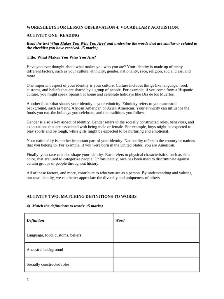 WORKSHEETS LESSON OBSERVATION 4 Vocabulary Acquisition | PDF