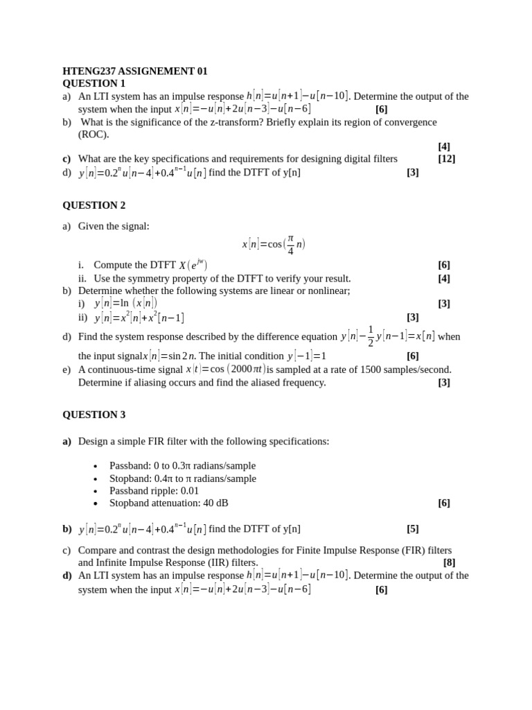 Digital Signal Processing Tutorial Questions | PDF | Digital Signal ...