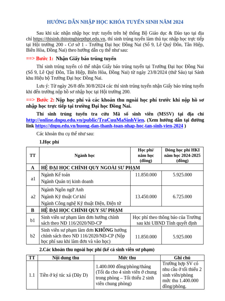 Huong Dan Nhap Hoc Khoa Tuyen Sinh Nam 2024 - Full | PDF