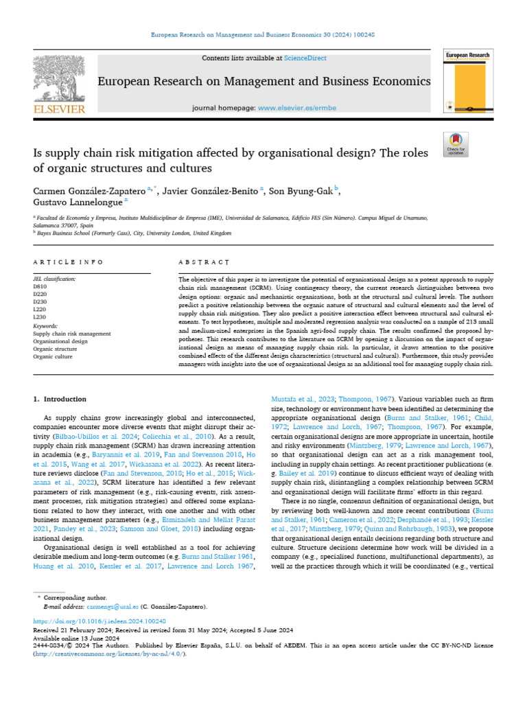 Is Supply Chain Risk Mitigation Affected by Orga - 2024 - European Research On M | PDF