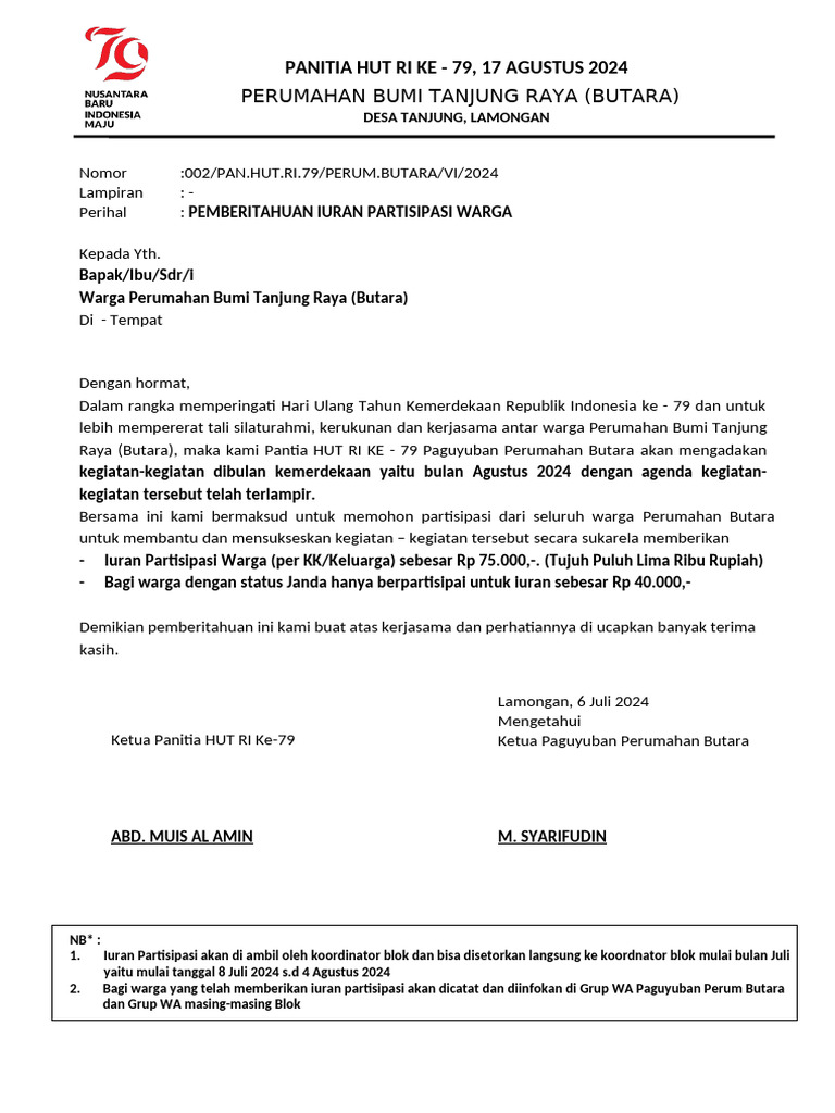 Surat Pemberitahuan Iuran Warga 17 Agustus 2024 | PDF
