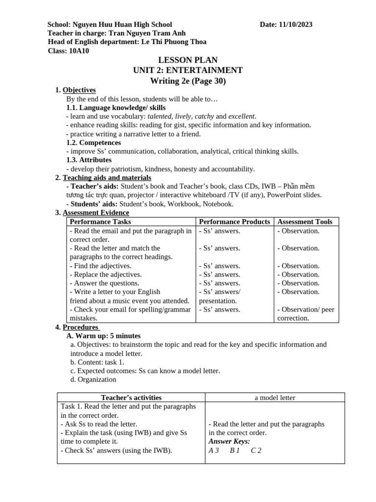 Lesson Plan 10 Bright 22 Unit 2e - Writing | PDF
