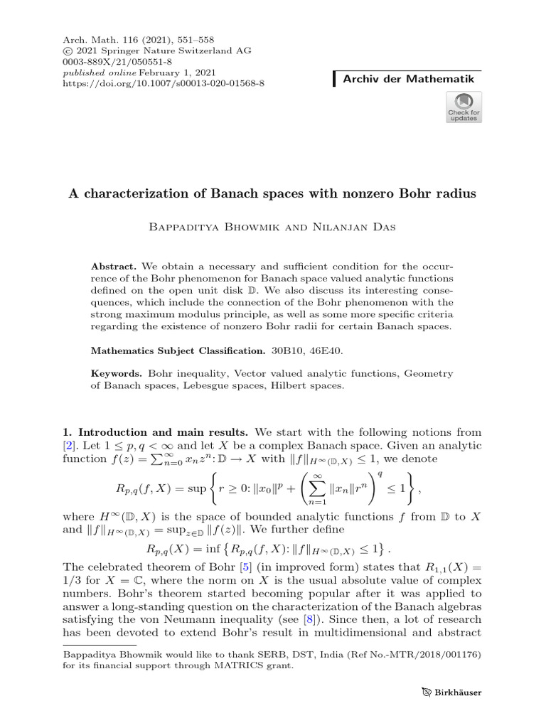 A Characterization of Banach Spaces With Nonzero Bohr Radius | PDF