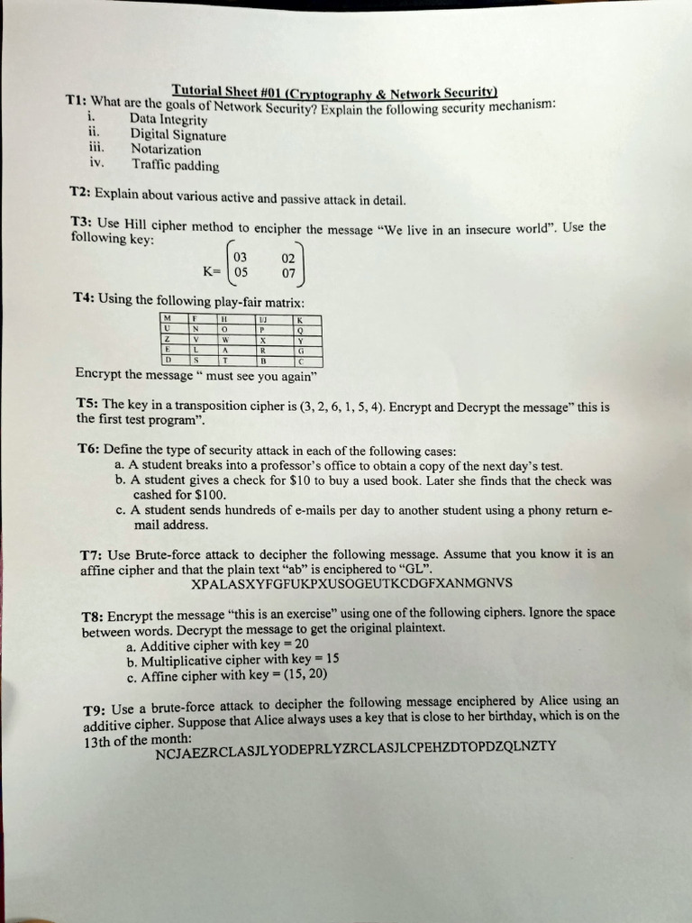 Tutorial Sheet 01 (Cryptography & Network Security) | PDF