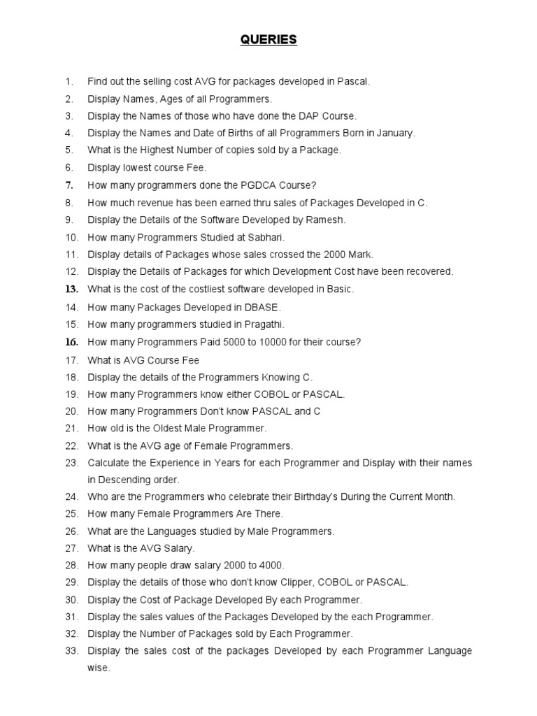 Queries | PDF | Programmer | Software Development Queries | PDF | Programmer | Software Development