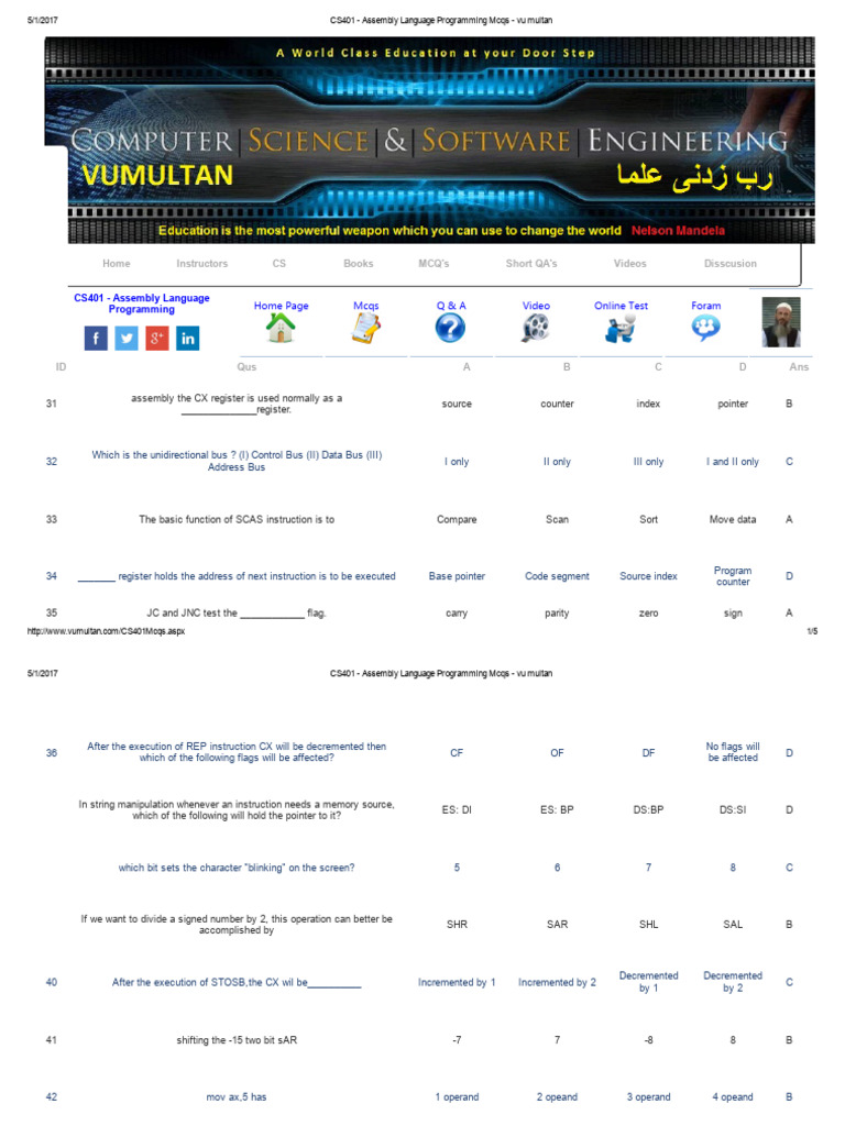 CS401 - Assembly Language Programming Mcqs 2 - Vu Multan | PDF