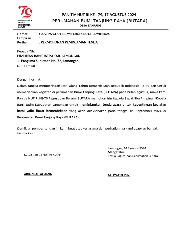 Surat Permohonan Peminjaman Tenda Ke Bank Jatim 2024 | PDF