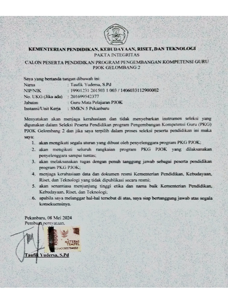 Pakta Integritas Pkg Pjok Taufik Pdf