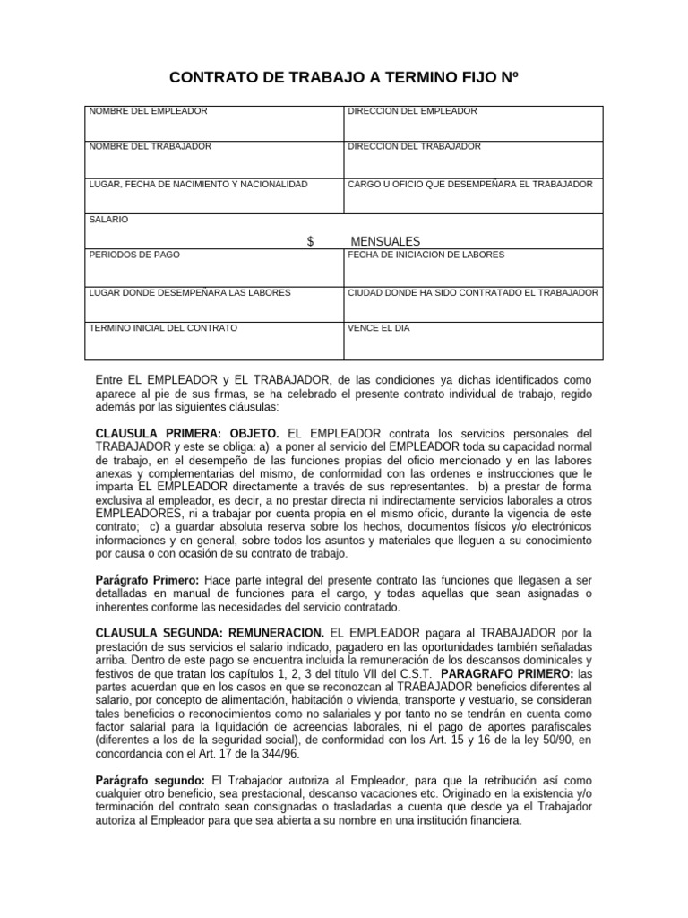 Modelo Contrato de Trabajo A Termino Fijo | PDF