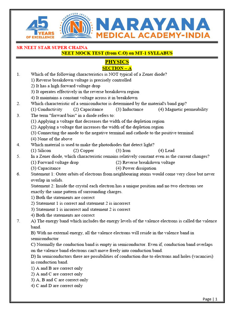 SR Neet Star Super Chaina Phase-Ii - Neet Mock Test (C.o) On Mt-1 Q.P | PDF
