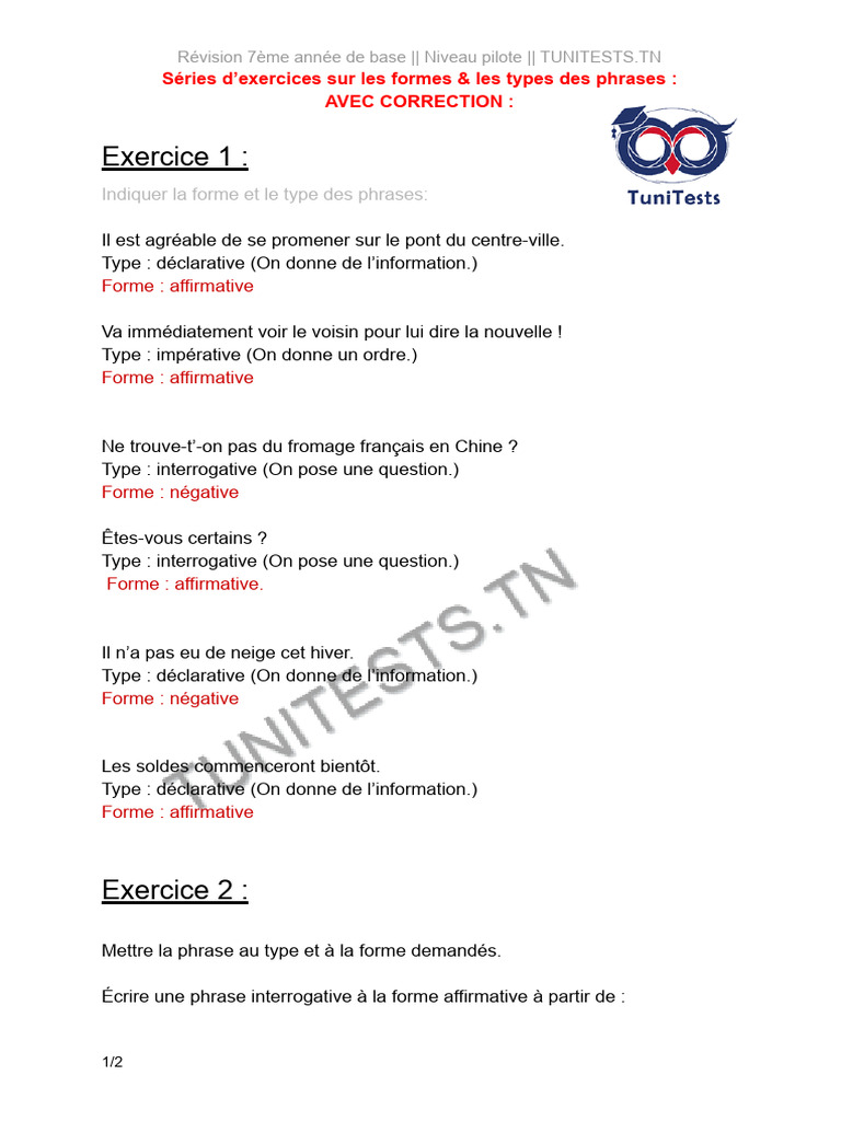 Exercice 1:: Indiquer La Forme Et Le Type Des Phrases | PDF