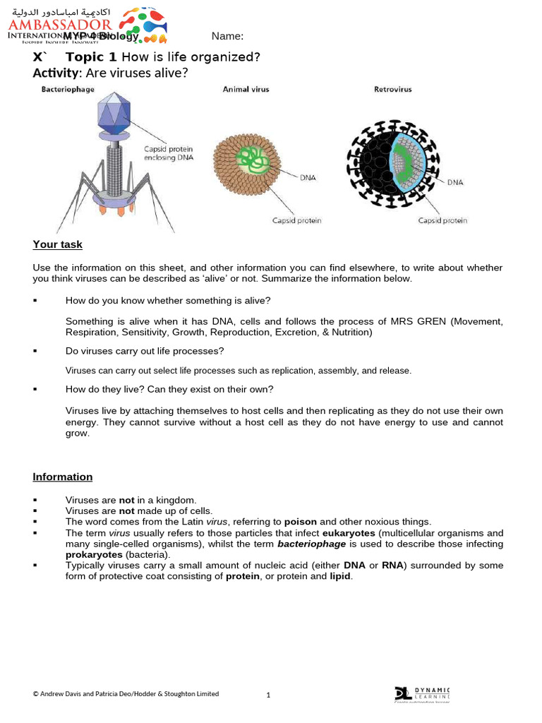 Lesson 2 Are Viruses Alive Activity | PDF