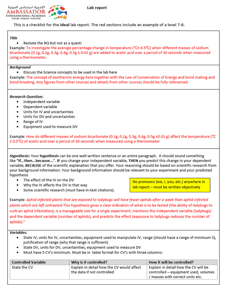 Lab Report Ideal Checklist Grade 9 | PDF | Hazards | Risk