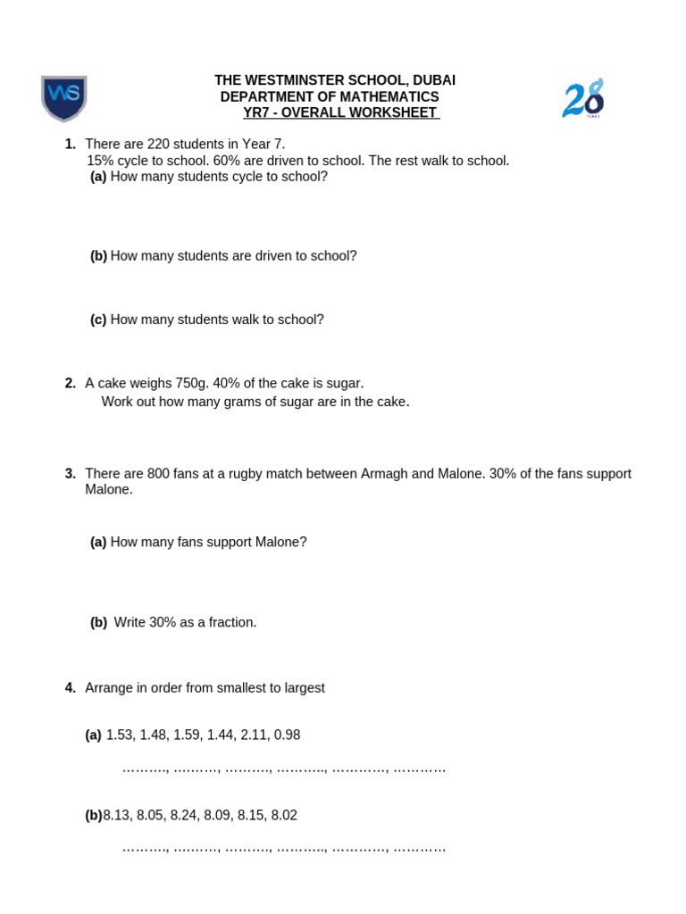 YEAR 7 - Overall Worksheet | PDF