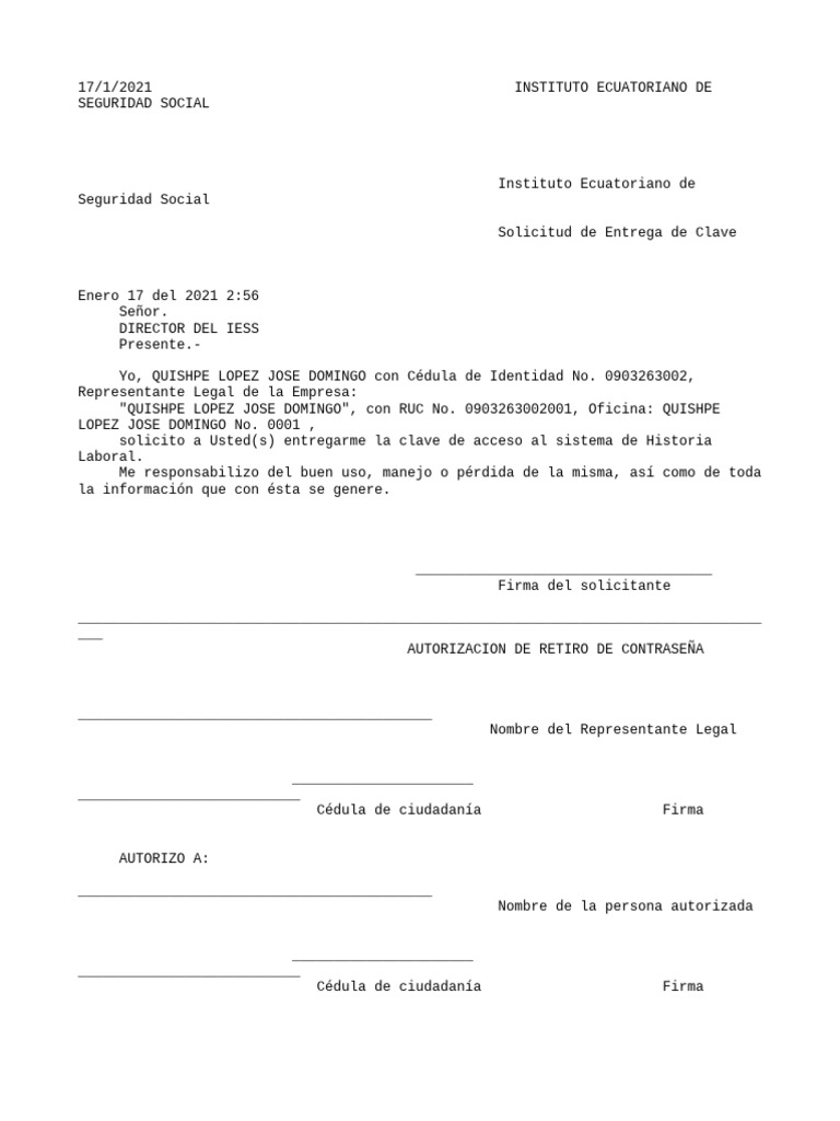 Solicitud de Entrega de Clave Instituto Ecuatoriano de Seguridad Social | PDF