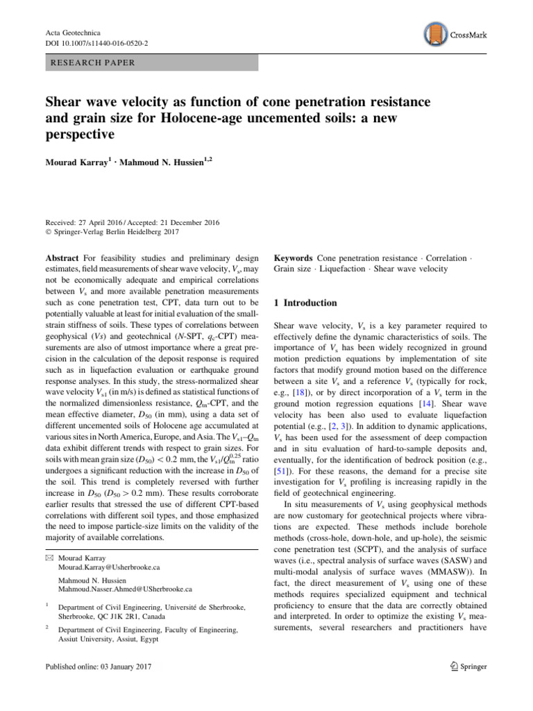 Shear Wave Velocity As Function of Cone Penetration Resistance and ...