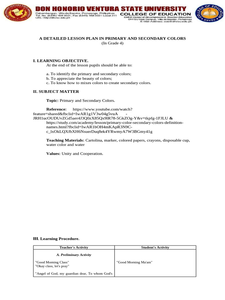 A Detailed Lesson Plan in Primary and Secondary Colors | PDF
