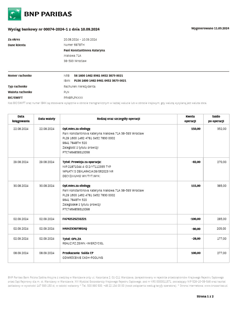 Wyciąg Bankowy NR 000 - 202 - 1 Z Dnia .0 .202: 687 Makowa 71A 38-593 Wrocław | PDF
