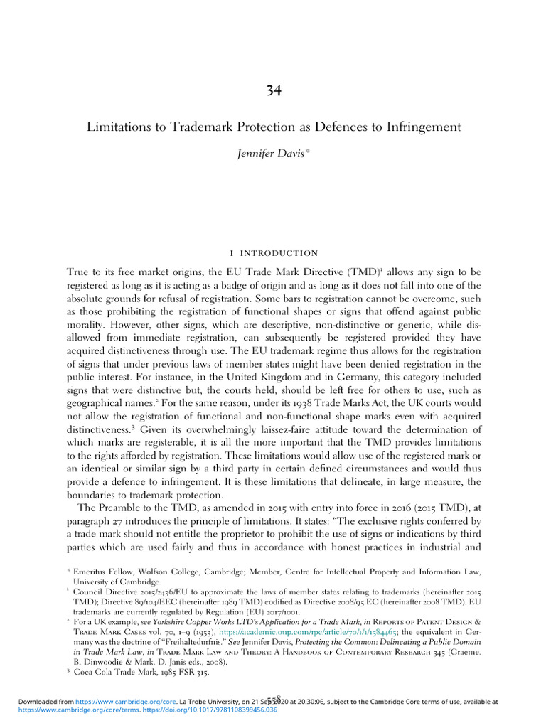 Jennifer Davis, Limitations To Trademark Protection As Defences To ...