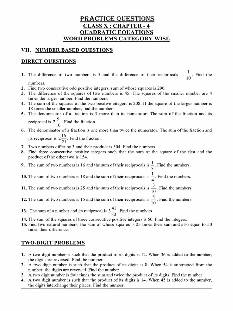 Quadratic Equations (Word Problems) | PDF