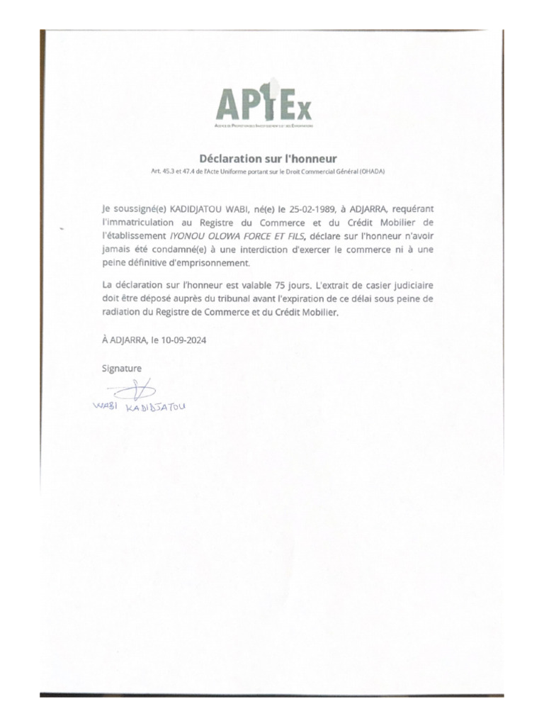 Déclaration Sur L'honneur | PDF